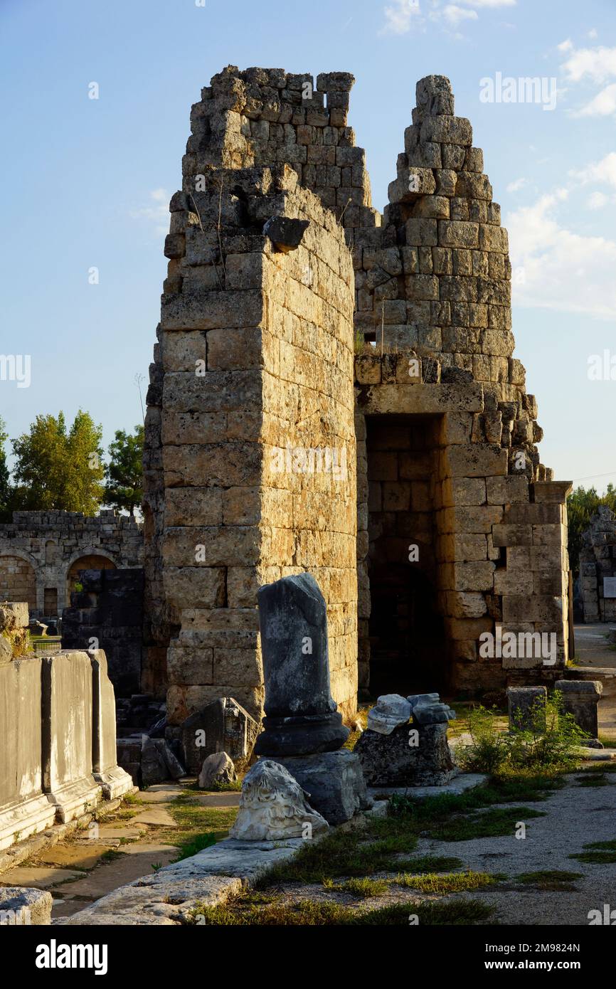 Turkey, North East of Antalya, Perge: Towers of the inner city gate ...