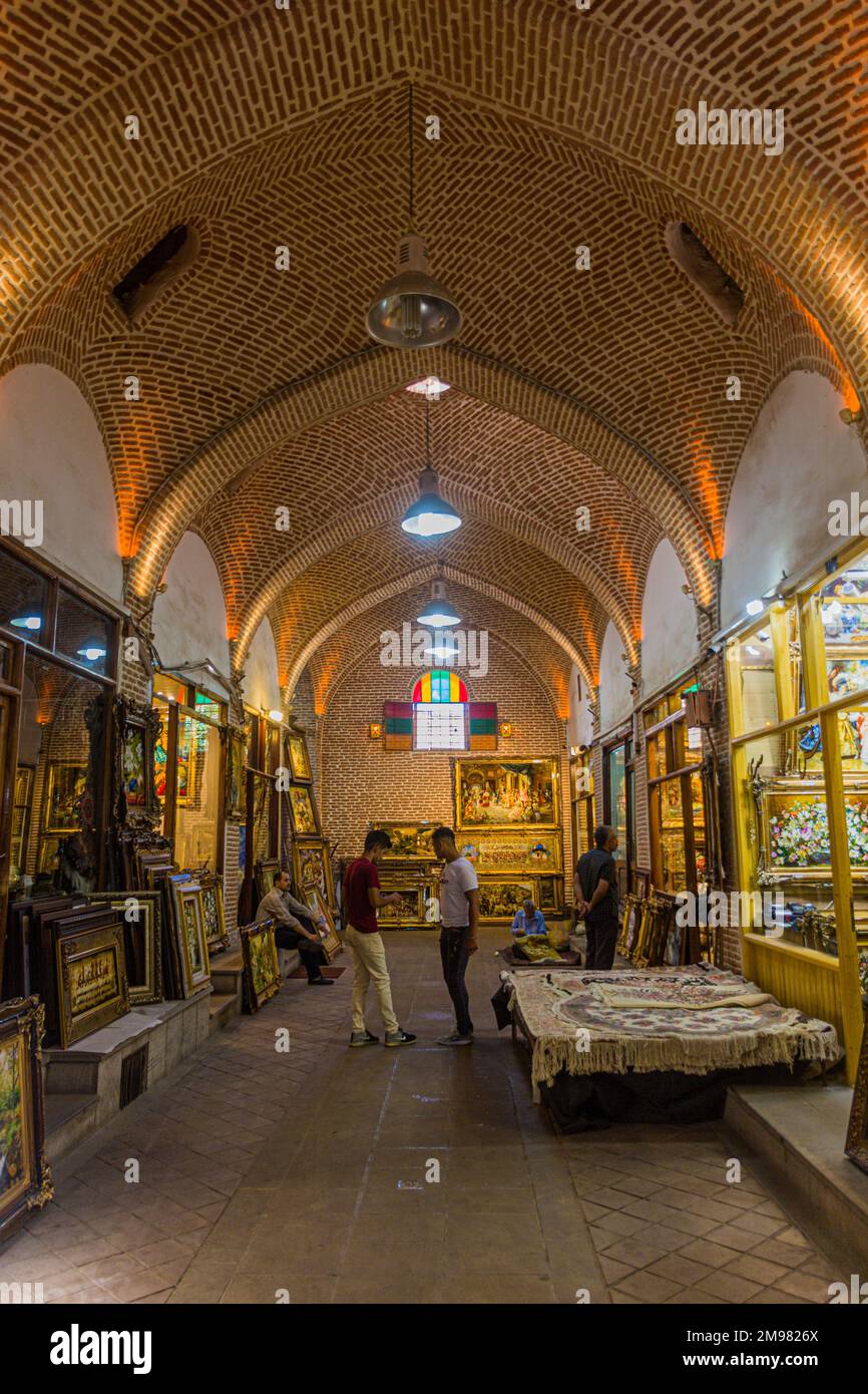 TABRIZ, IRAN - JULY 15, 2019: Painting section of the Bazaar in Tabriz ...
