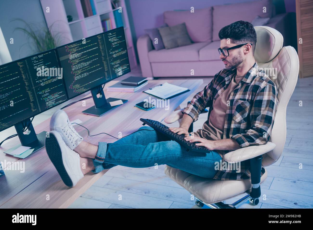 Full body profile photo of concentrate intelligent cybersecurity expert ...