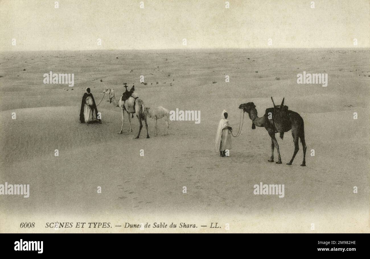 Two nomads and their camels, stand amidst a vast expanse of sand dunes ...