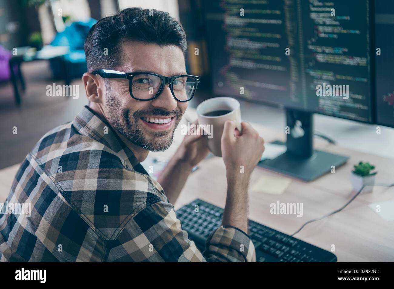 Profile photo of smart positive hacker guy arms hold fresh morning ...