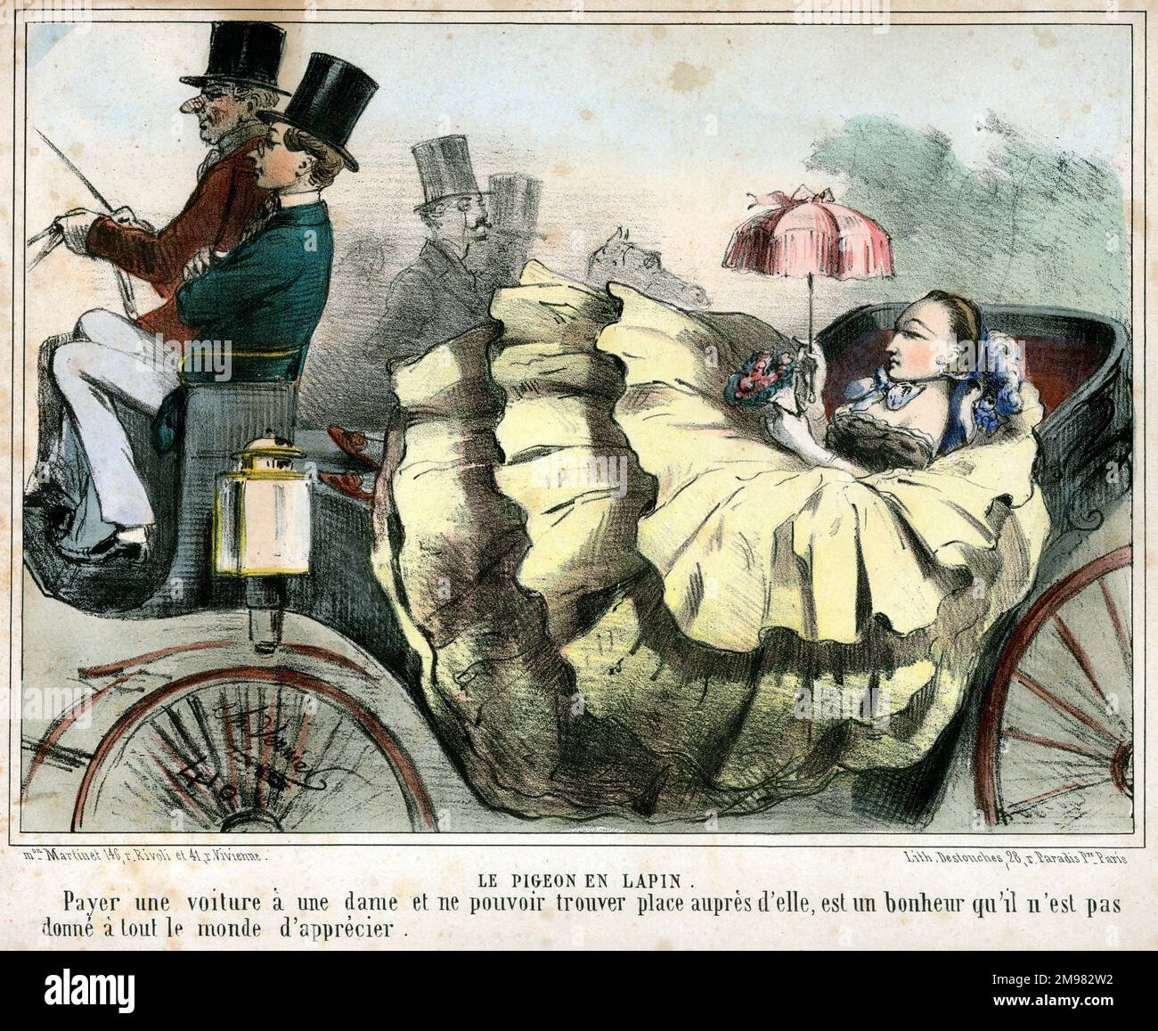 La Crinolonomanie by Charles Vernier -- Le Pigeon en Lapin. A woman in ...