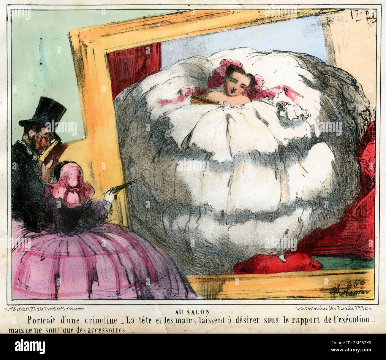 La Crinolonomanie by Charles Vernier -- At the Salon. A woman in an ...