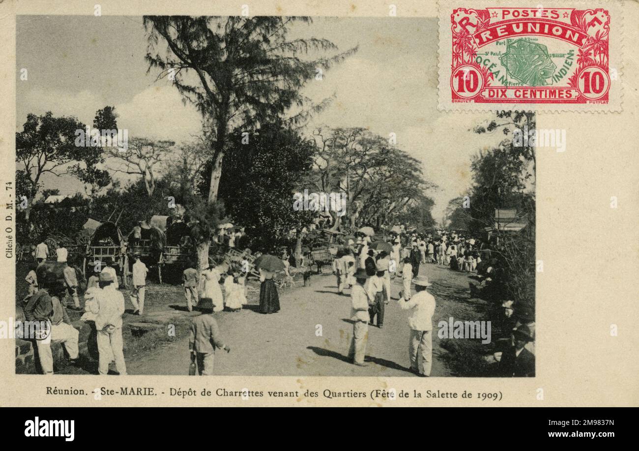 Sainte-Marie - Island of Reunion - Indian Ocean. Horse-drawn carts left ...