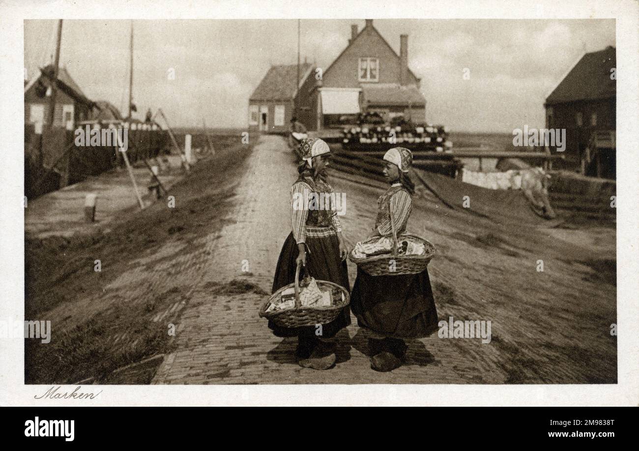 The Netherlands - Marken - Two young Dutch Girls in Traditional Costume ...
