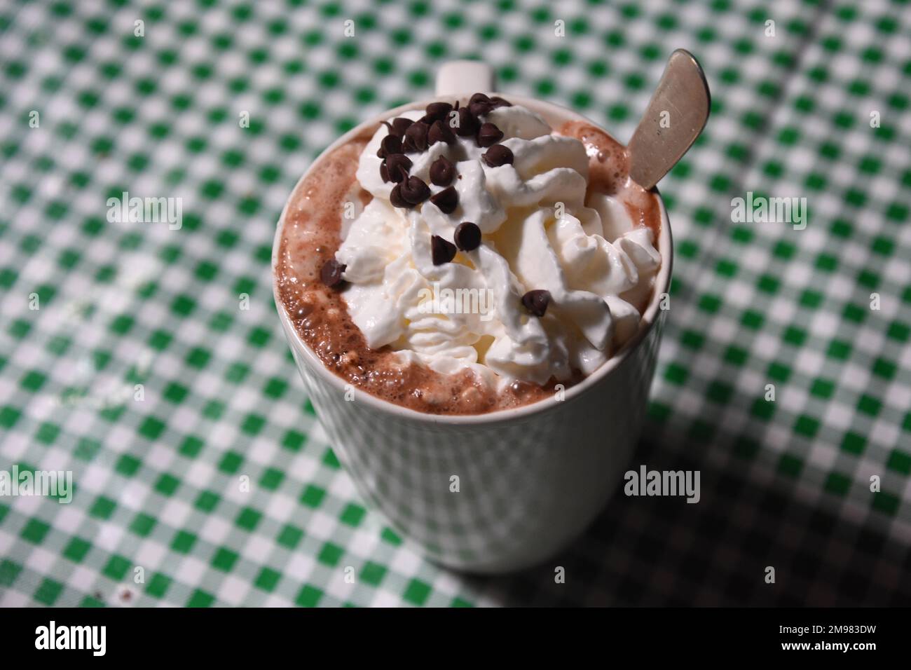 Hot cocoa mug sitting on a plaid table cloth in the winter Stock Photo ...