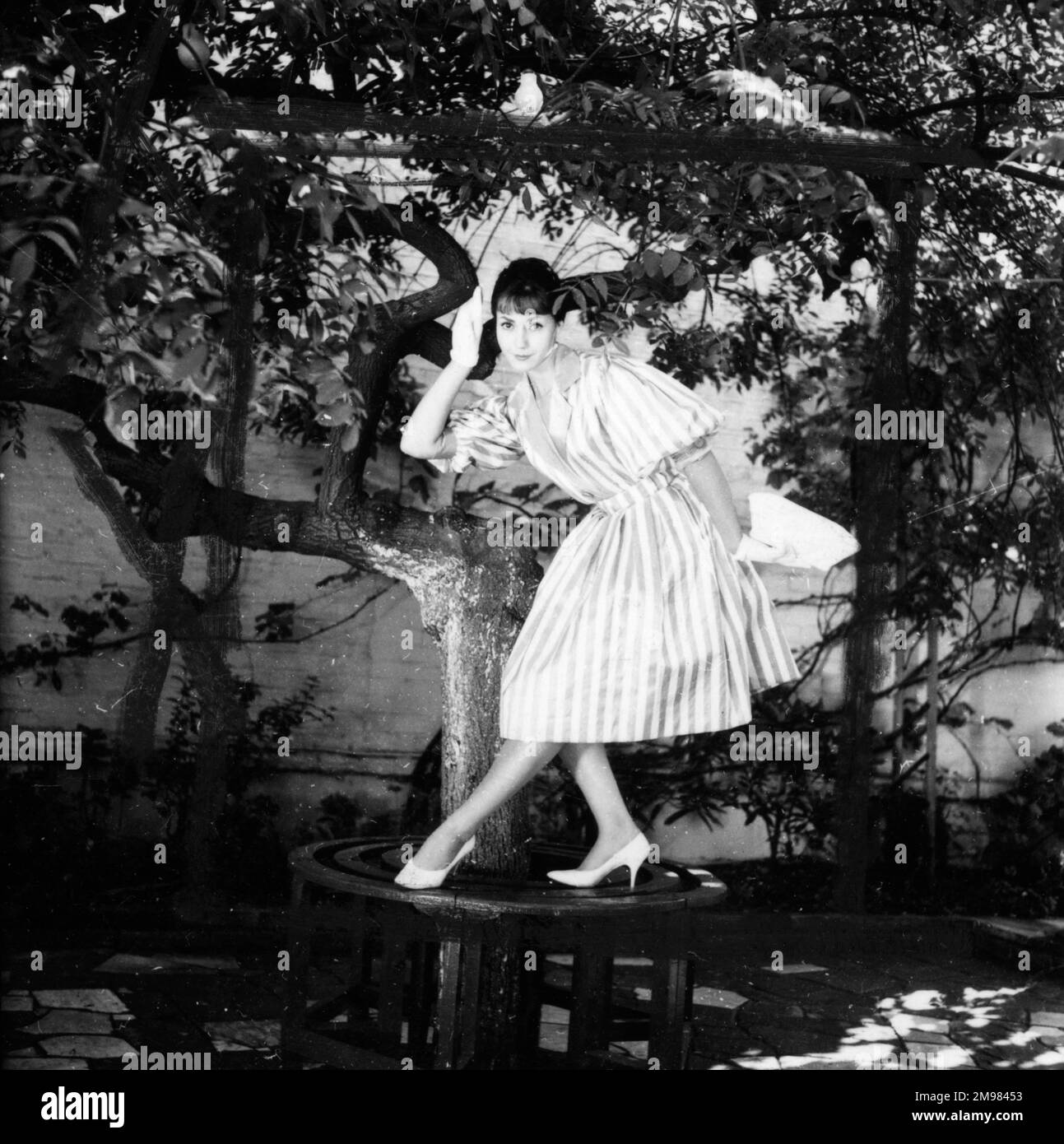 Young woman (Model - Geraldine Hill) modelling a dress in a garden ...