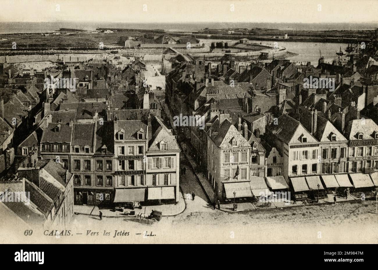 Aerial view towards the piers of French port city of Calais, showing ...