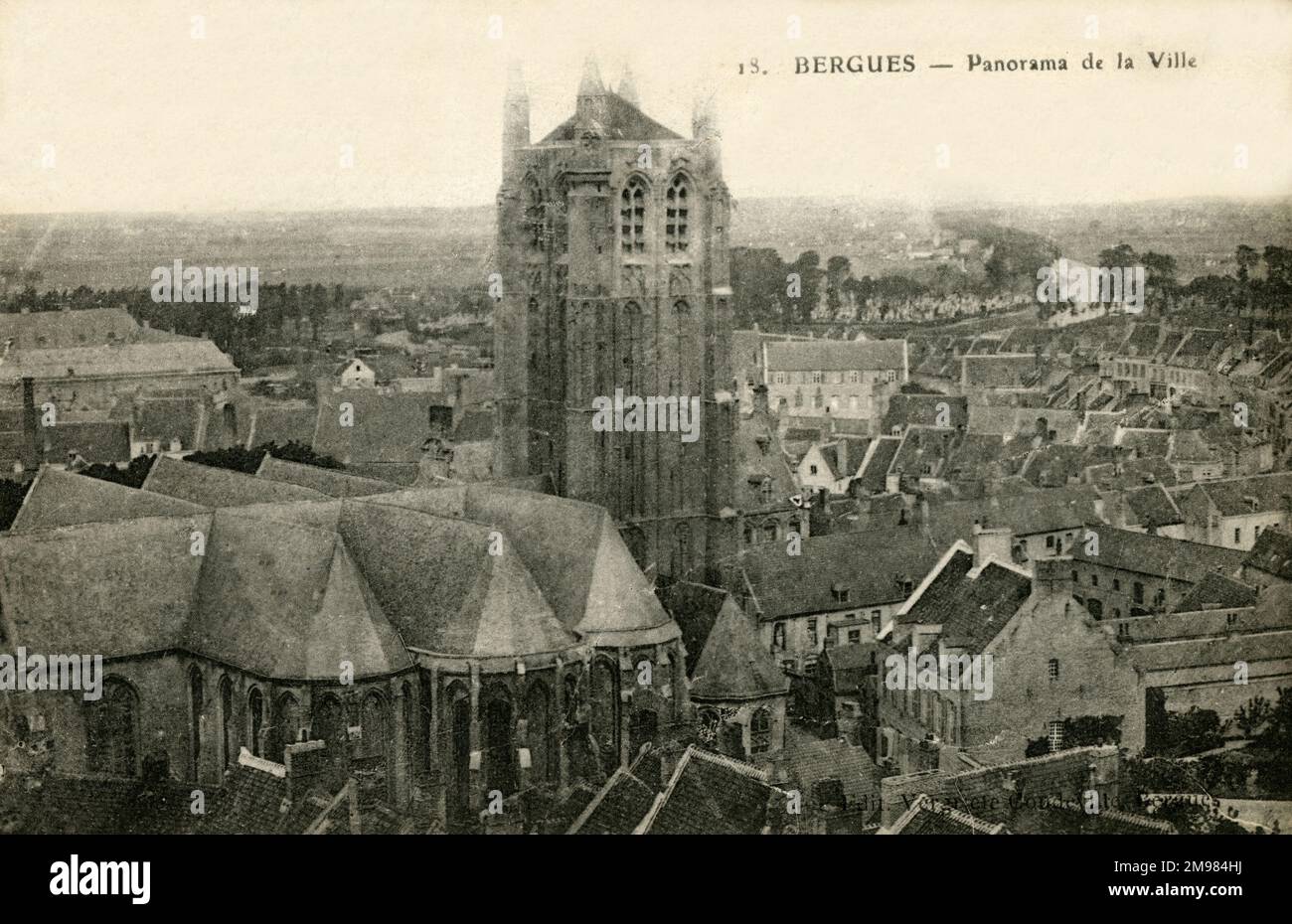 Bergues, France - aerial view of the town rooftops, showing a large ...