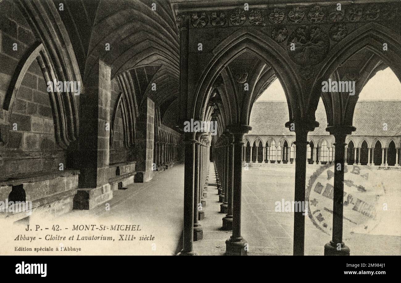 The cloisters (covered passageways) of the Abbey Mont Saint Michel, in ...