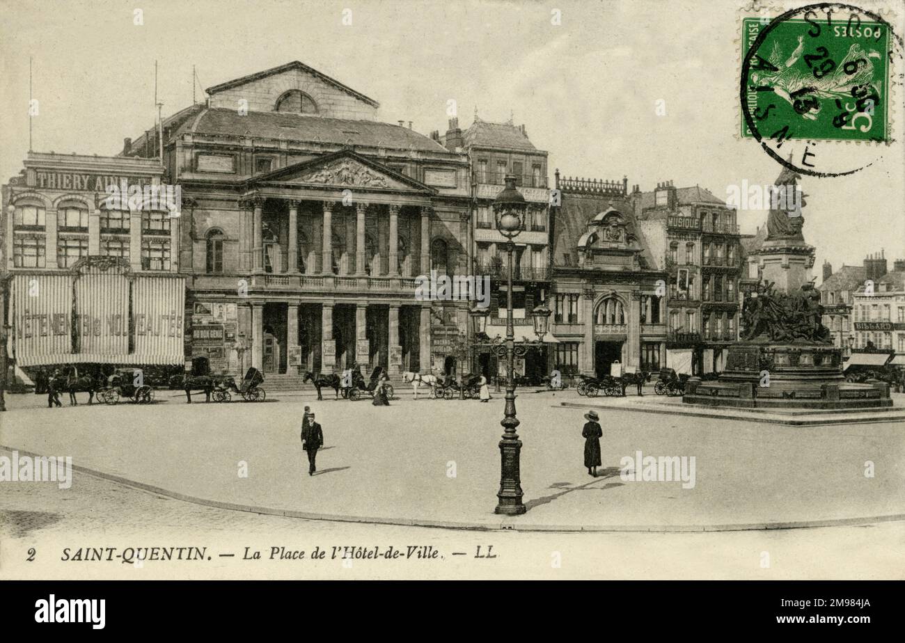 Saint Quentin, France - the town hall (Hotel de Ville) and main square ...