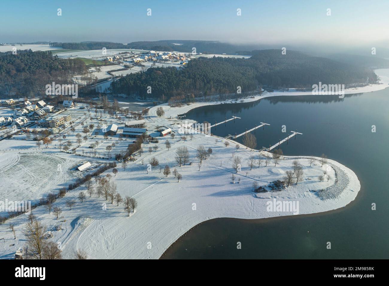Aerial view to wintry region around lake centre Enderndorf on Lake ...