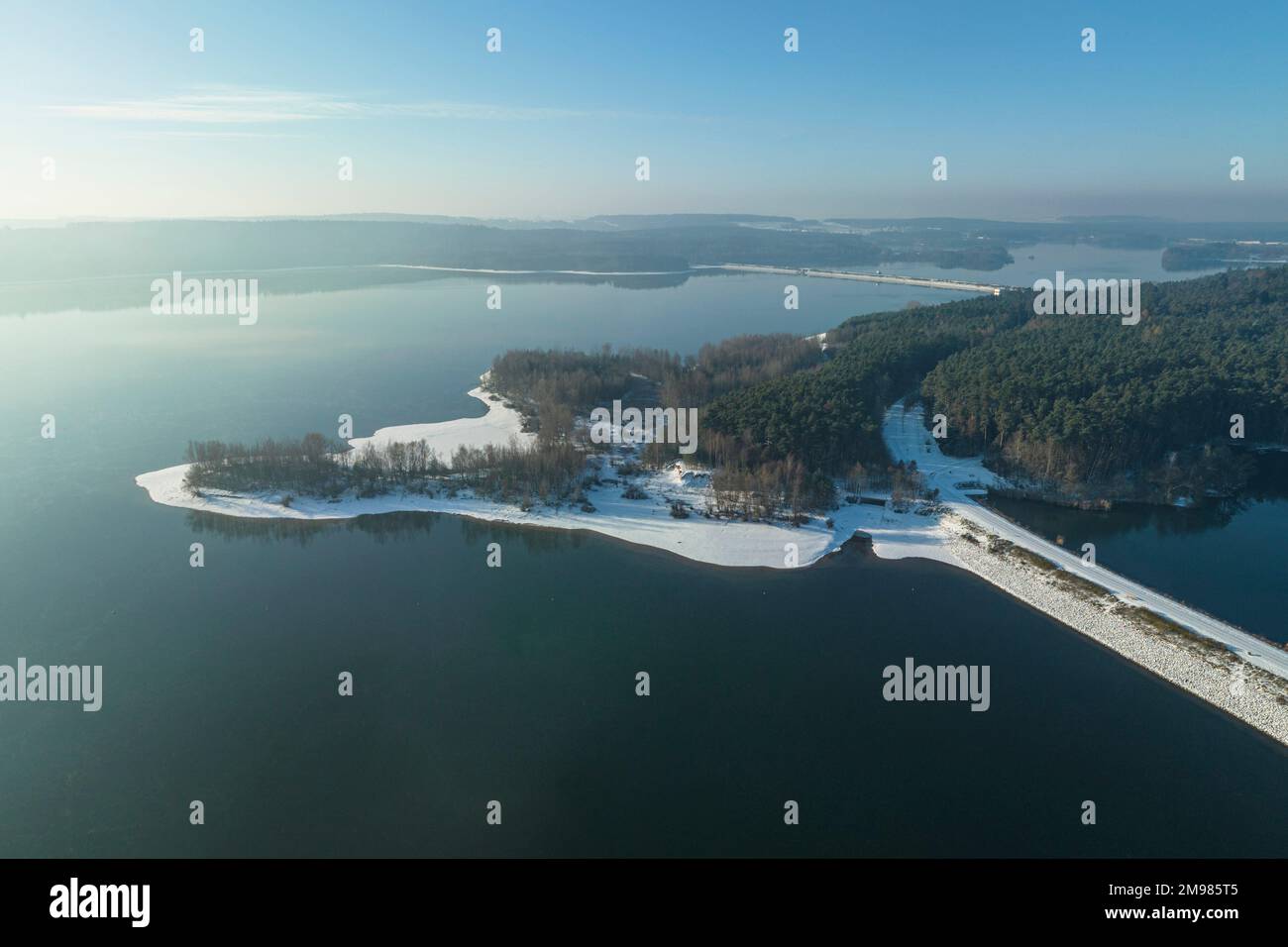 Aerial view to wintry region around lake centre Enderndorf on Lake ...