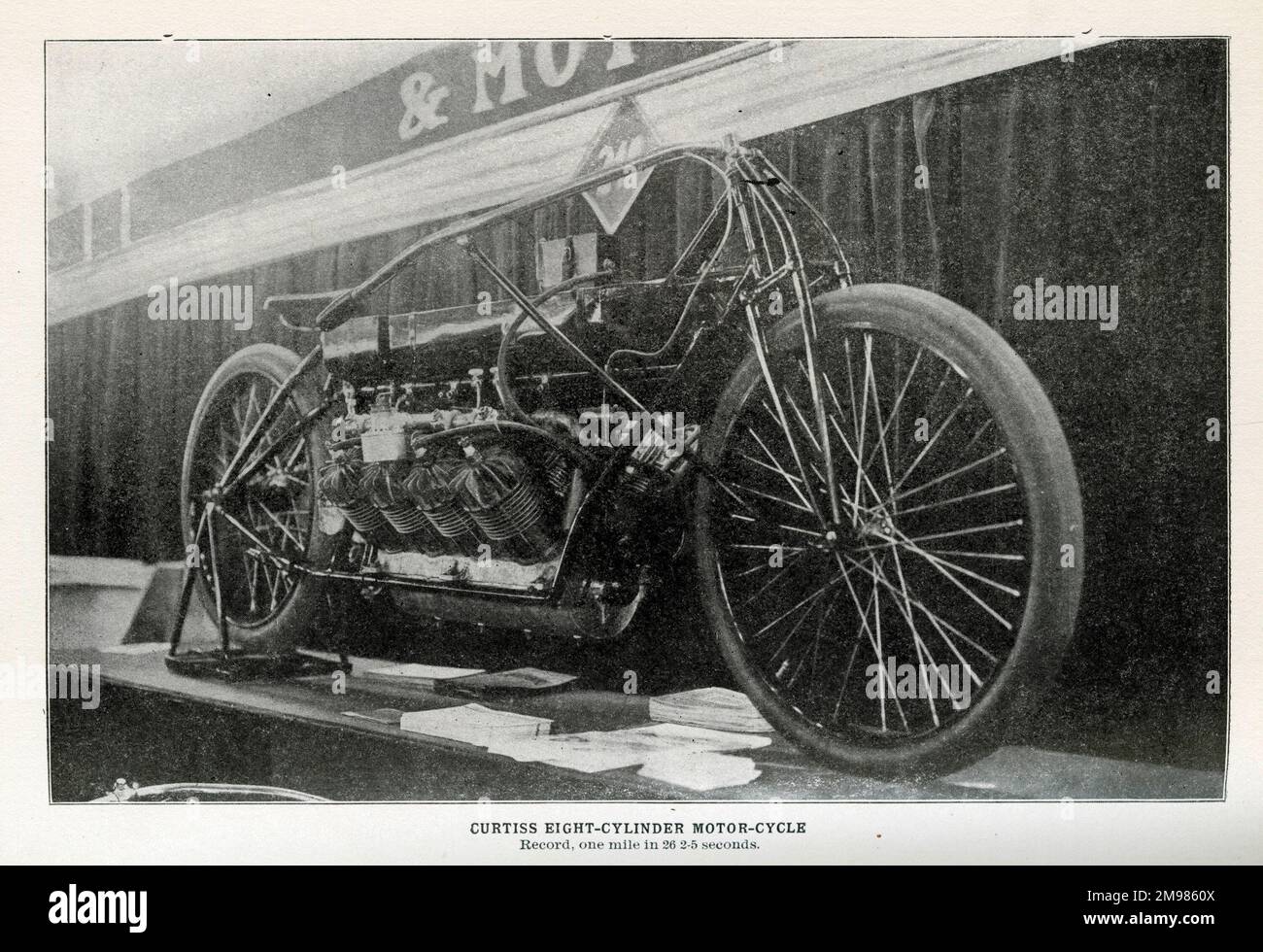 Curtiss Eight-Cylinder Motor-Cycle, with a record speed of one mile in ...