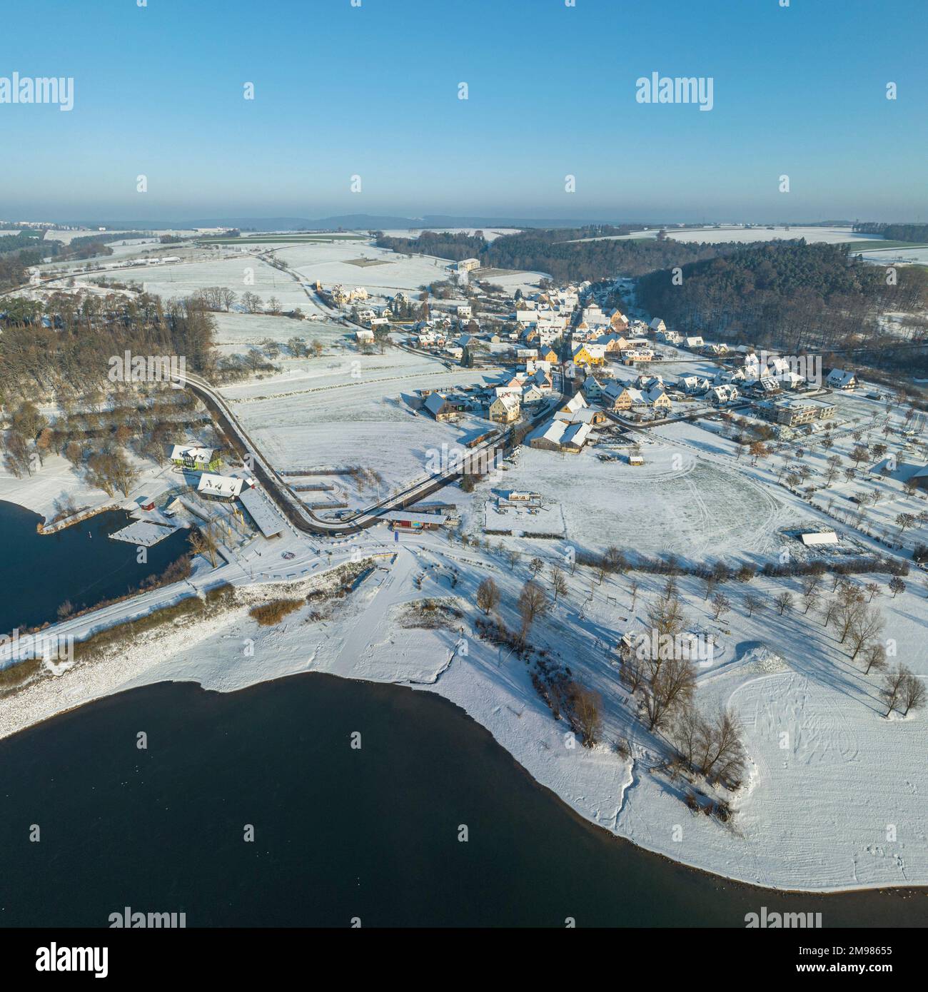 Aerial view to wintry region around lake centre Enderndorf on Lake ...