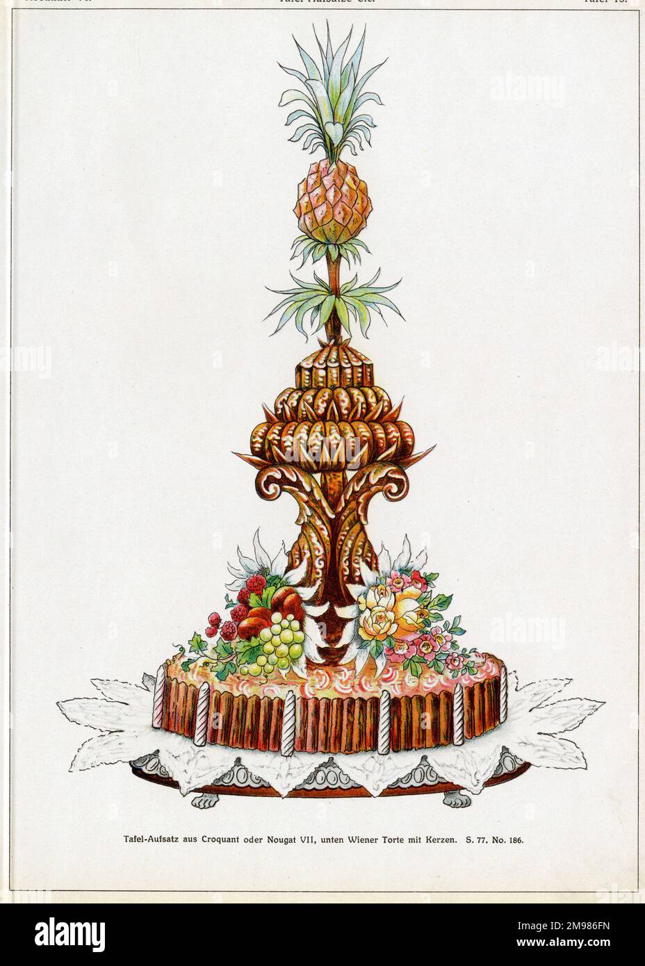 Elaborate cake display with fruit and flowers -- a centrepiece of ...