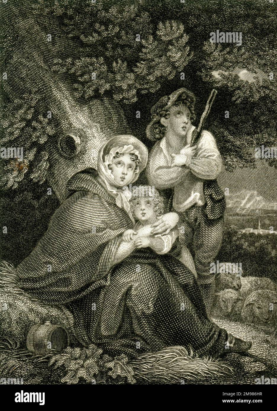 The Thunder Storm -- a woman and two children shelter under a tree ...