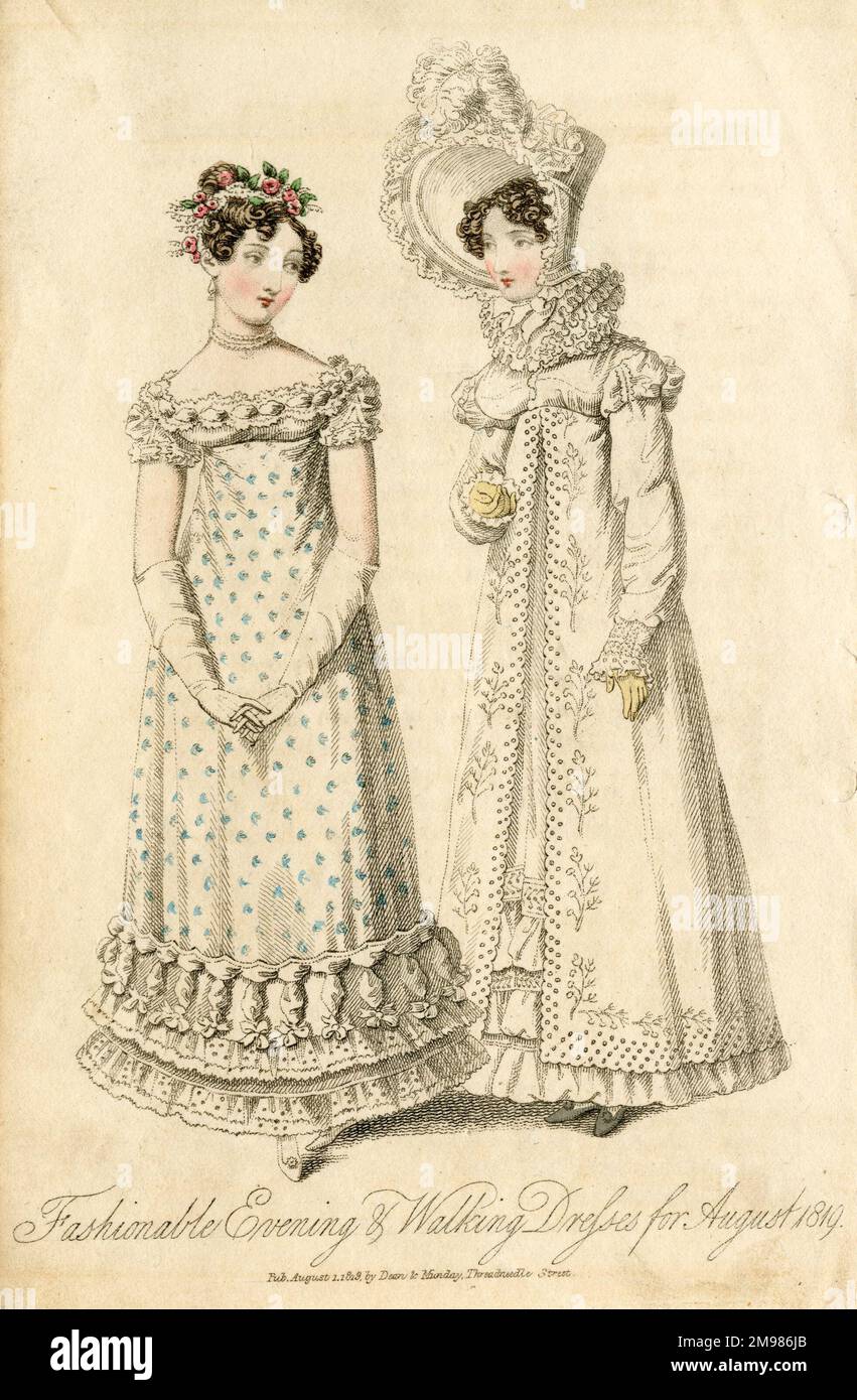 Two young women in Regency style costume, evening and walking dresses ...