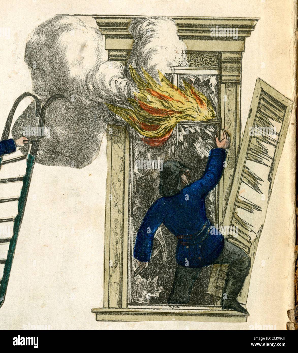 German firemen scrap -- fireman entering a burning building through a ...