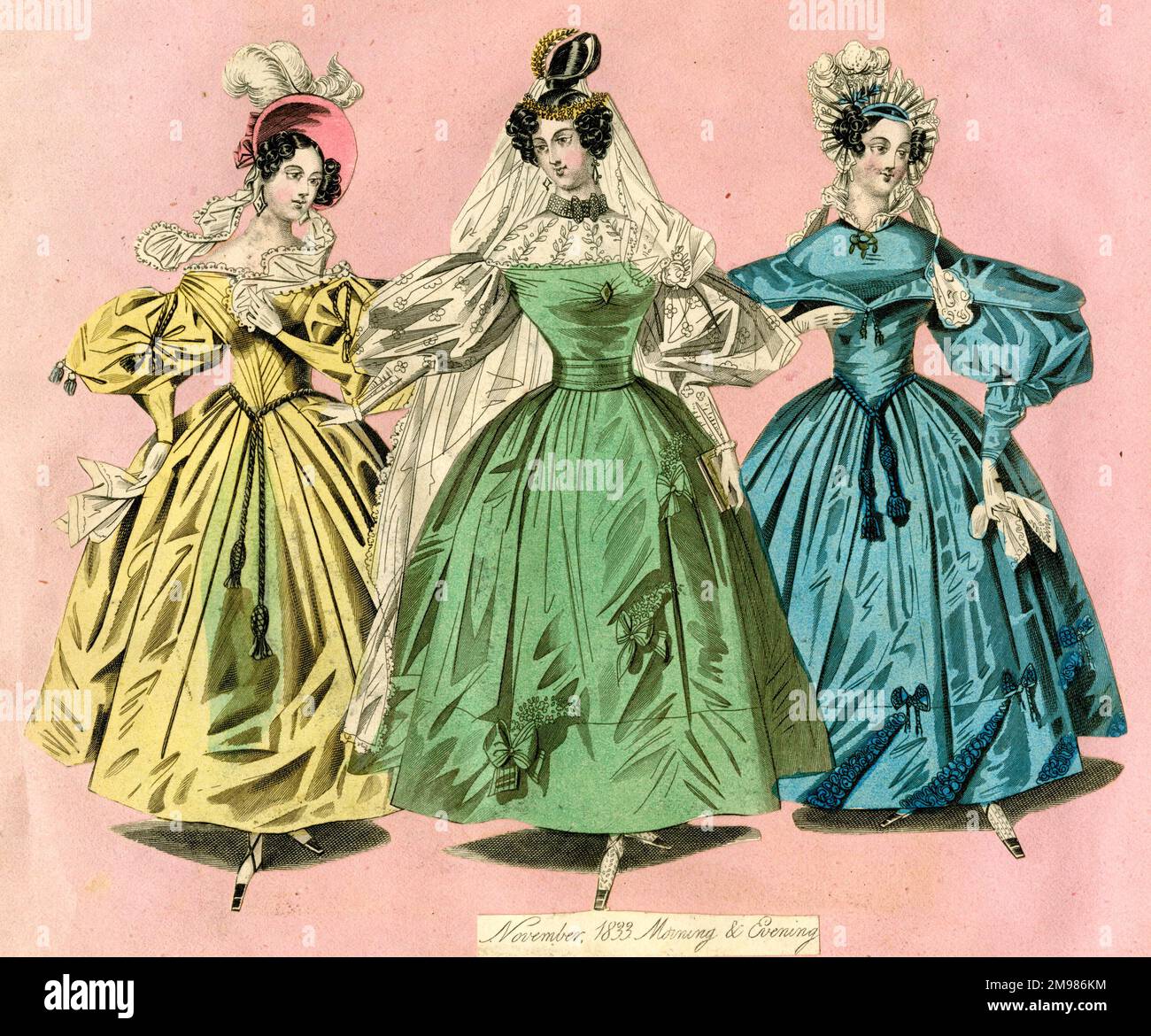 Three women in the latest fashions for November 1833 -- morning and ...