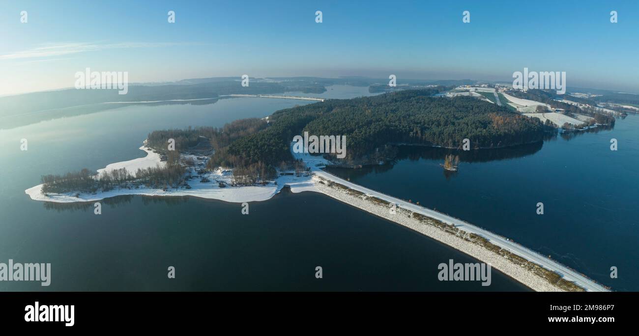 Aerial view to wintry region around lake centre Enderndorf on Lake ...