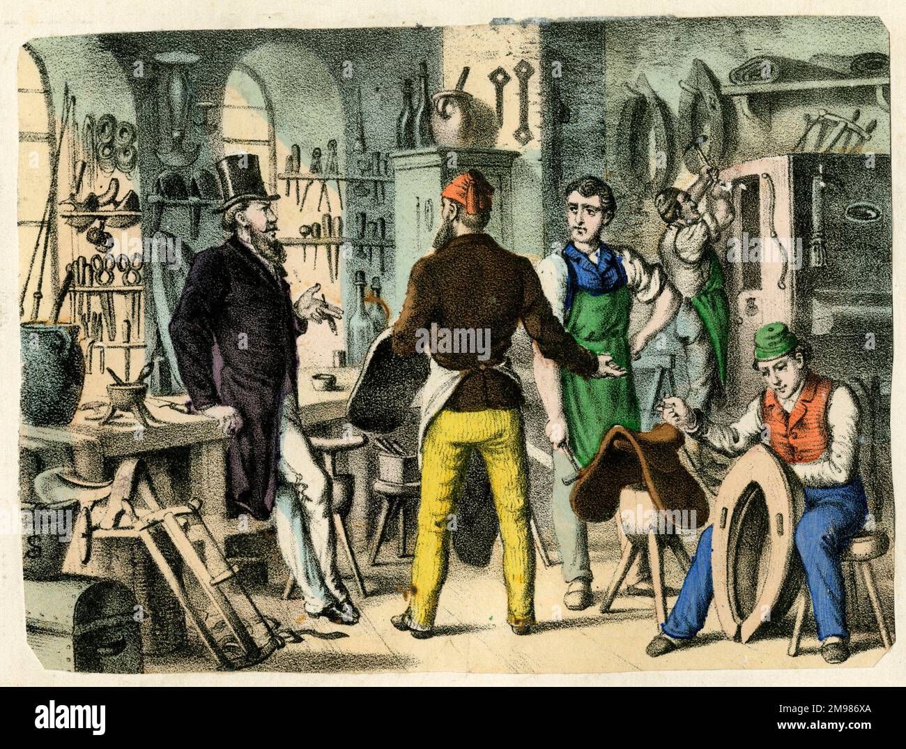 Scene in a saddlery workshop, with four workmen and a client Stock ...