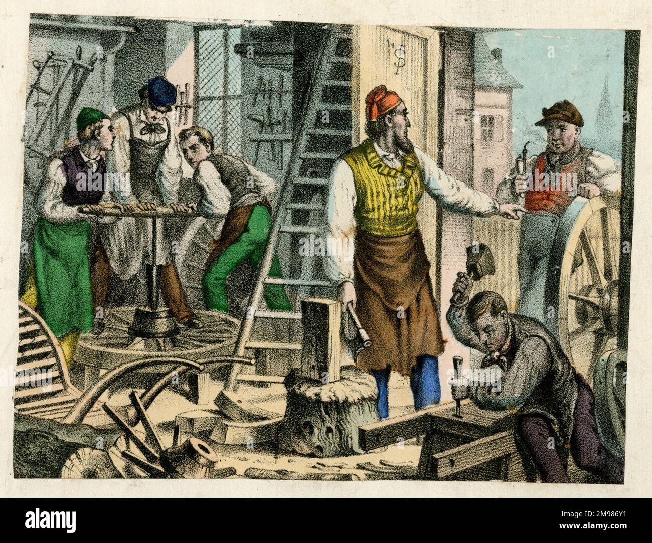 Busy scene in a wheelwright's workshop Stock Photo - Alamy