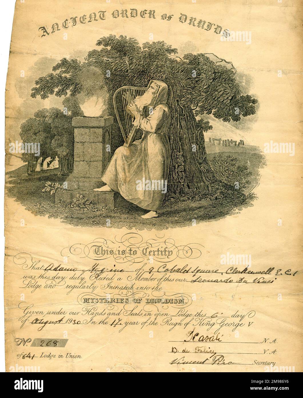 Membership certificate, Ancient Order of Druids, illustrated with a ...