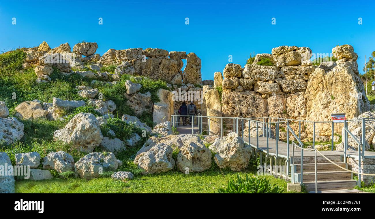 Xagħra, Gozo - January 16th 2023: Visitors on the walkway leading into ...