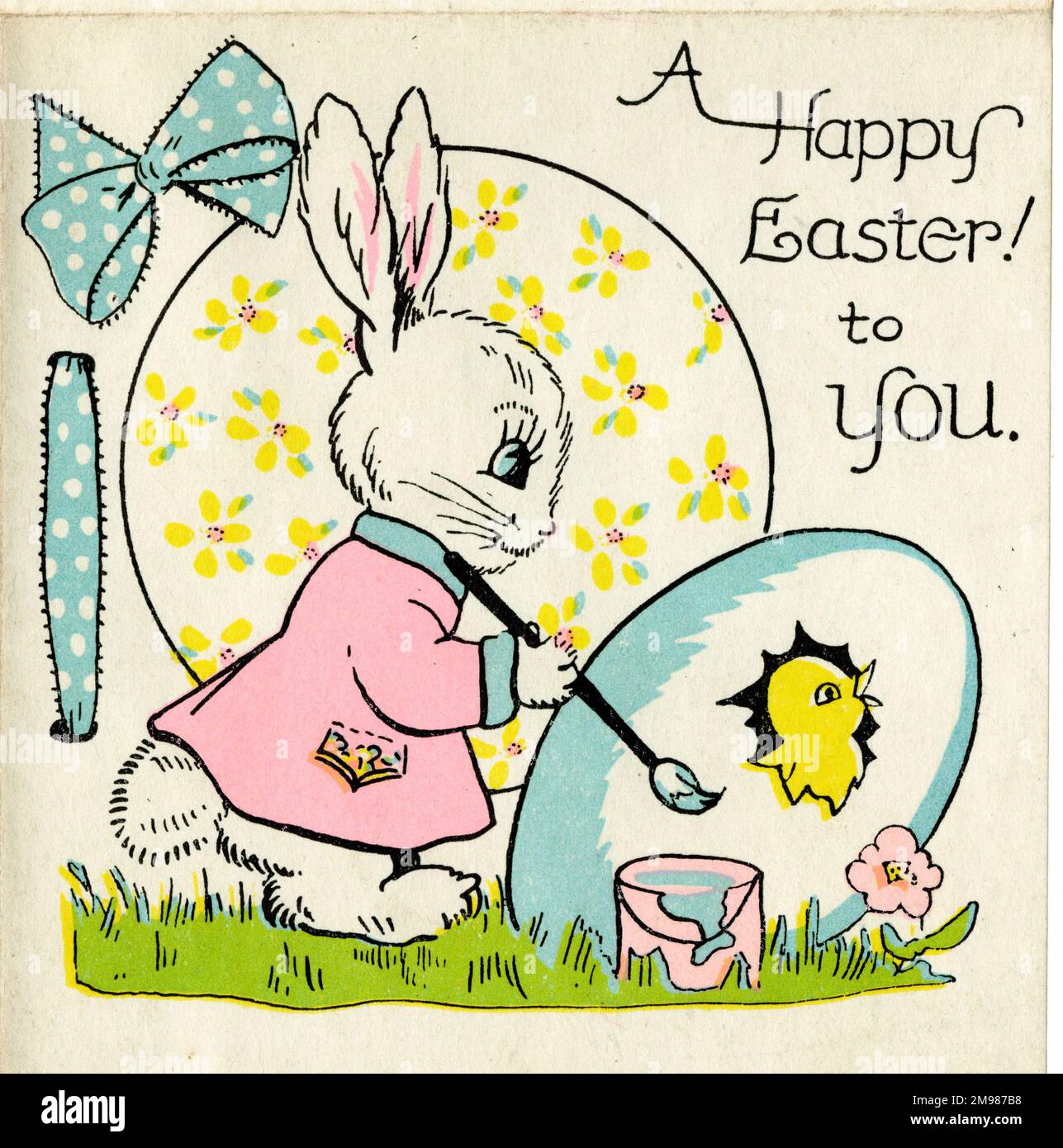 Easter card (front cover) with white bunny and yellow chick Stock Photo ...