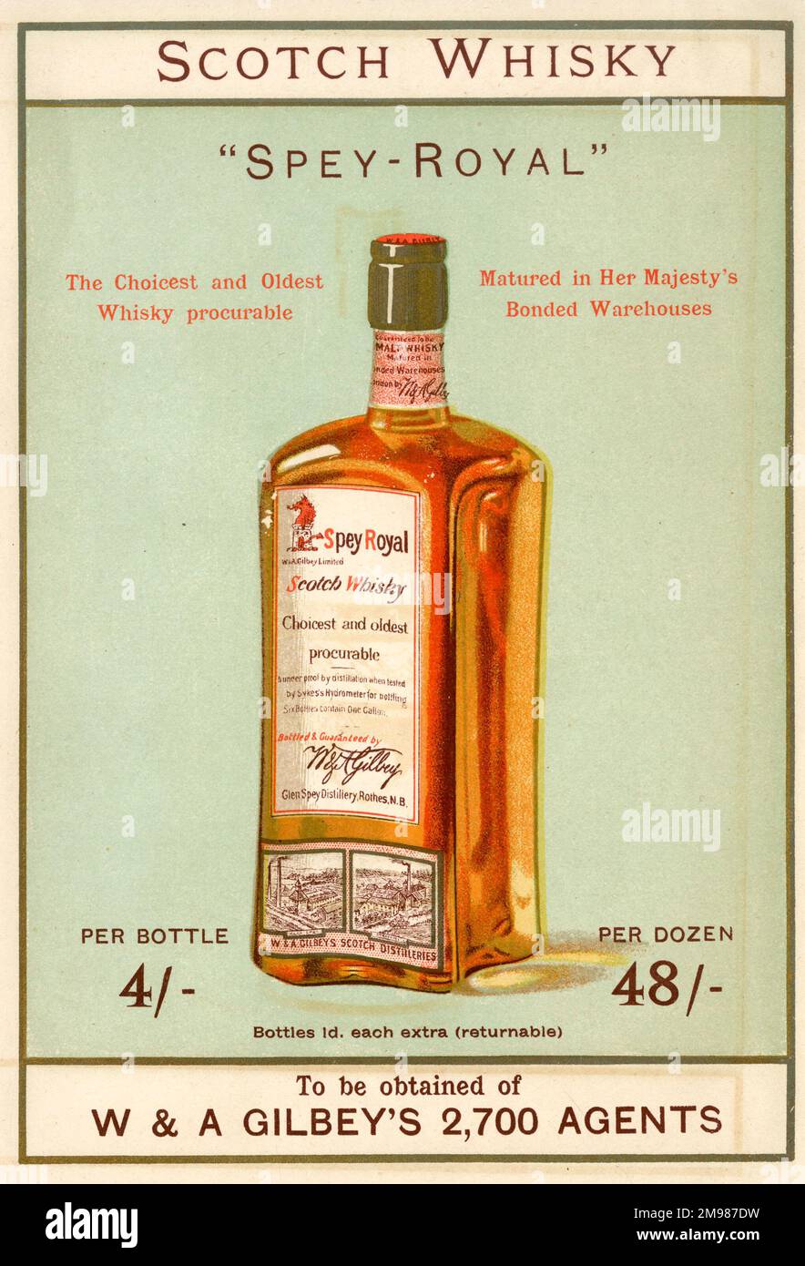 Advertisement, Gilbey's Scotch Whisky, Spey-Royal, four shillings per ...