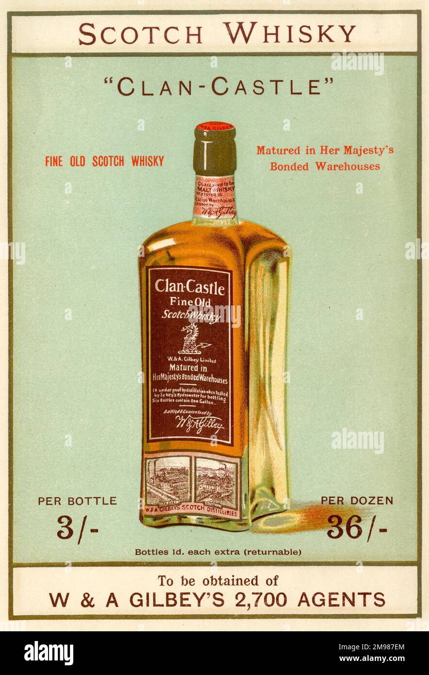 Advertisement, Gilbey's Scotch Whisky, Clan-Castle, three shillings per ...