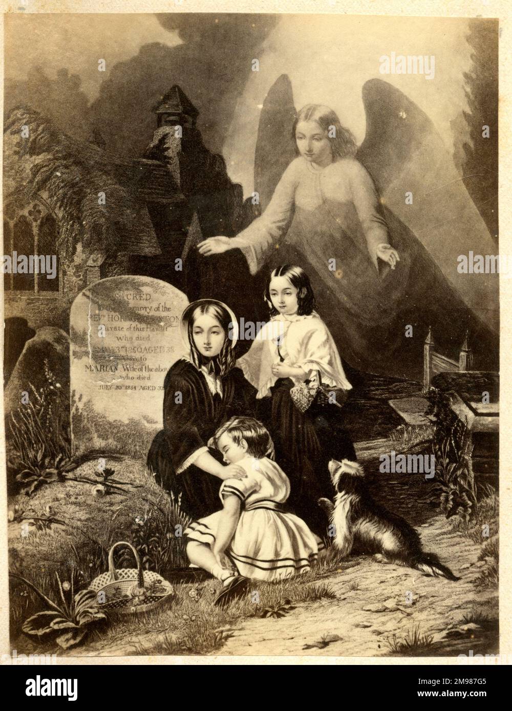 Young family grieving at a graveside, with hovering angel. As indicated ...