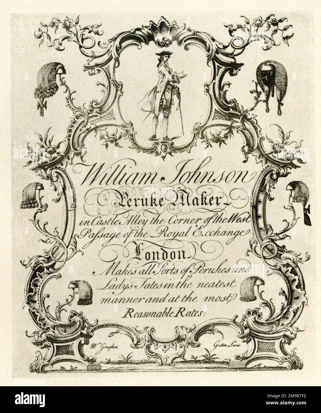 London Trade Card - William Johnson, Peruke (Wig) Maker, in Castle ...