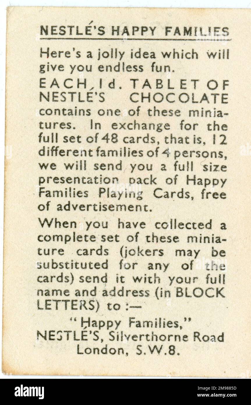 Miniature card, Nestle's Happy Families, offering a full size pack to ...