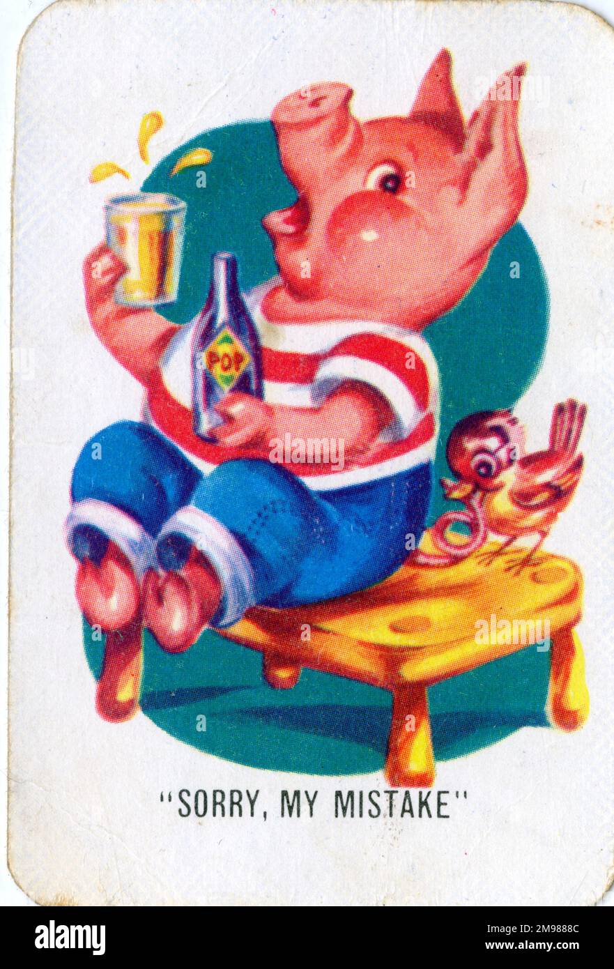 Old Maid card game - Sorry, My Mistake -- a bird thinks the pig's tail is a worm Stock Photo - Alamy