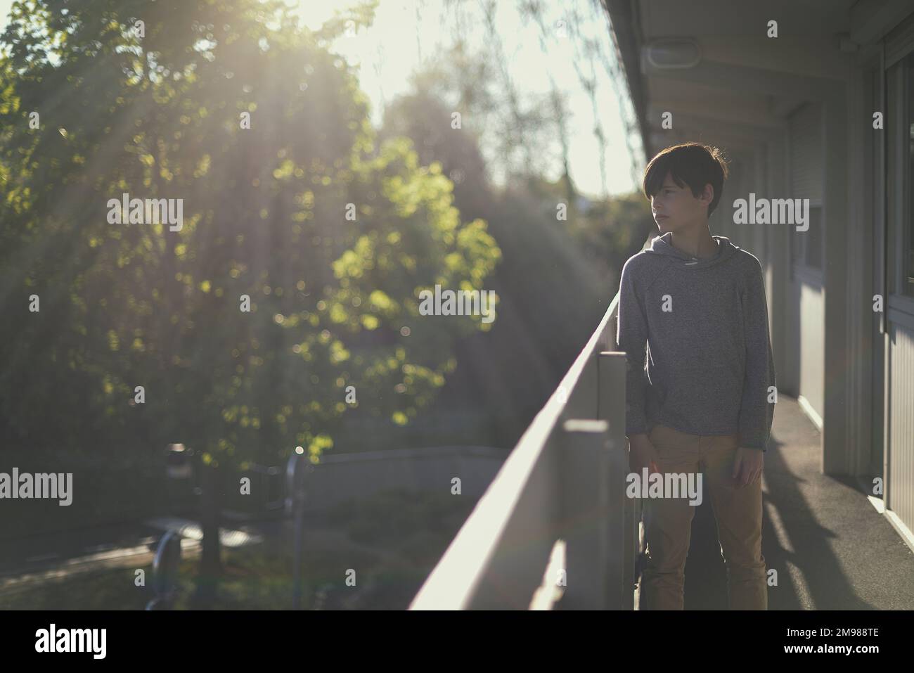 Teenage boy standing on a balcony in summer sun, France Stock Photo - Alamy