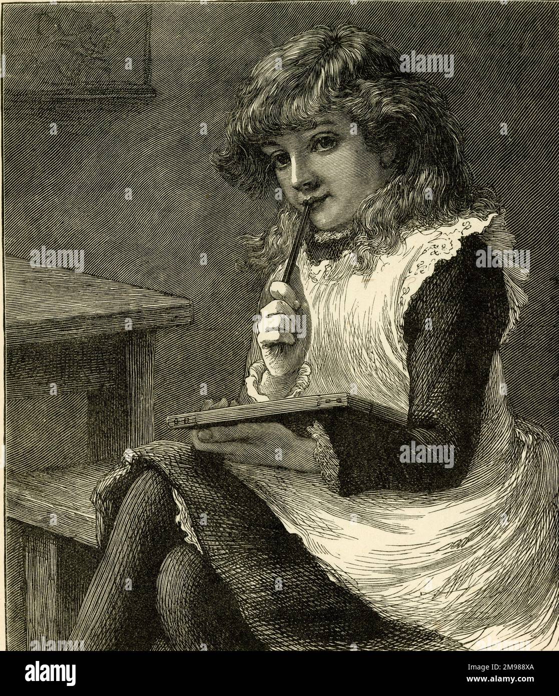 Thoughtful Victorian Schoolgirl with Slate Stock Photo - Alamy