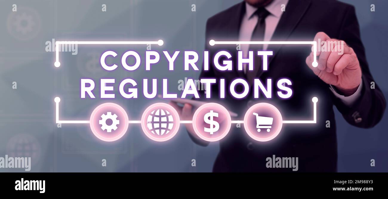 Hand writing sign Copyright Regulations. Word Written on body of law ...