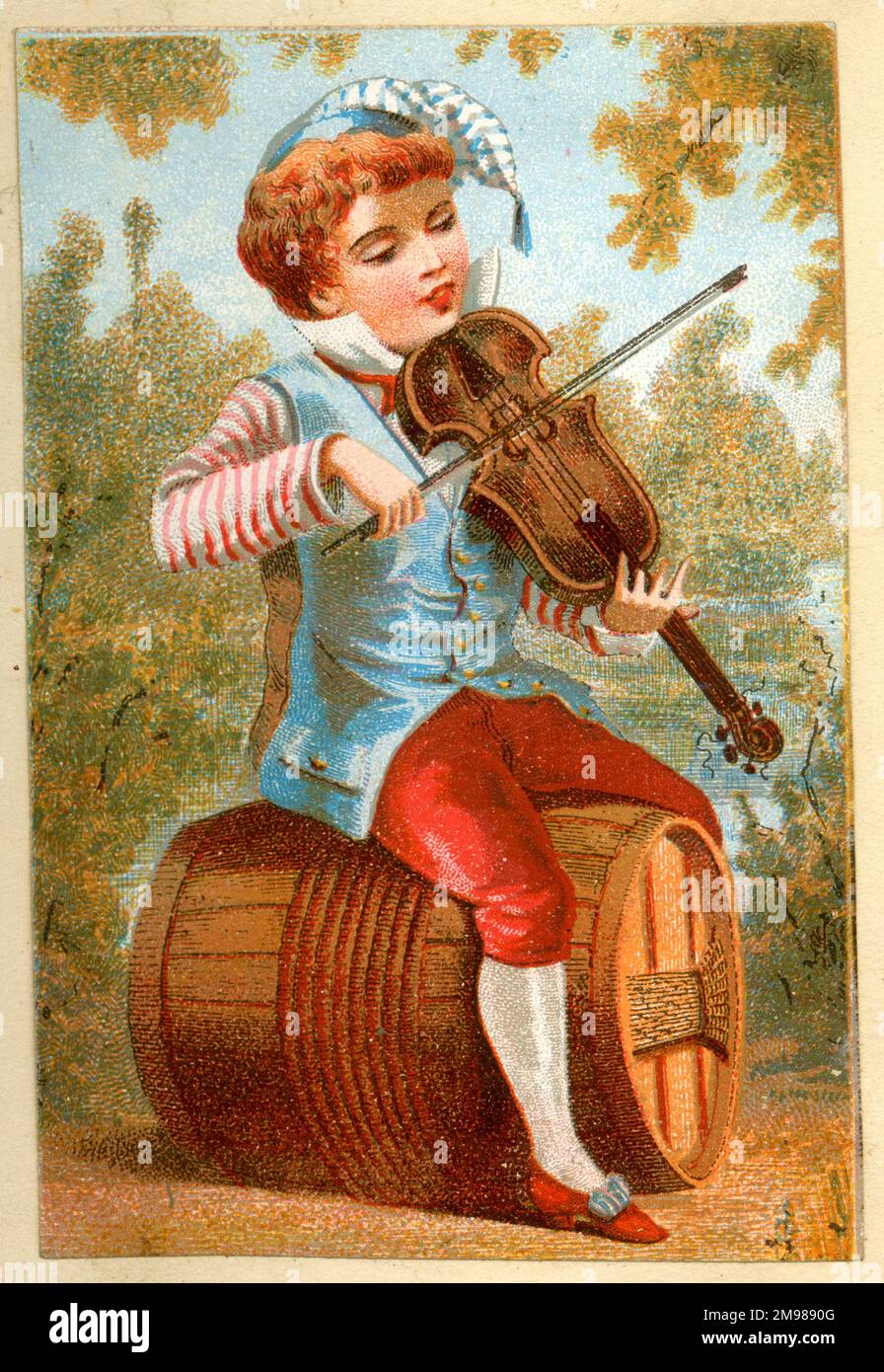 Victorian boy violinist sitting on a barrel Stock Photo - Alamy
