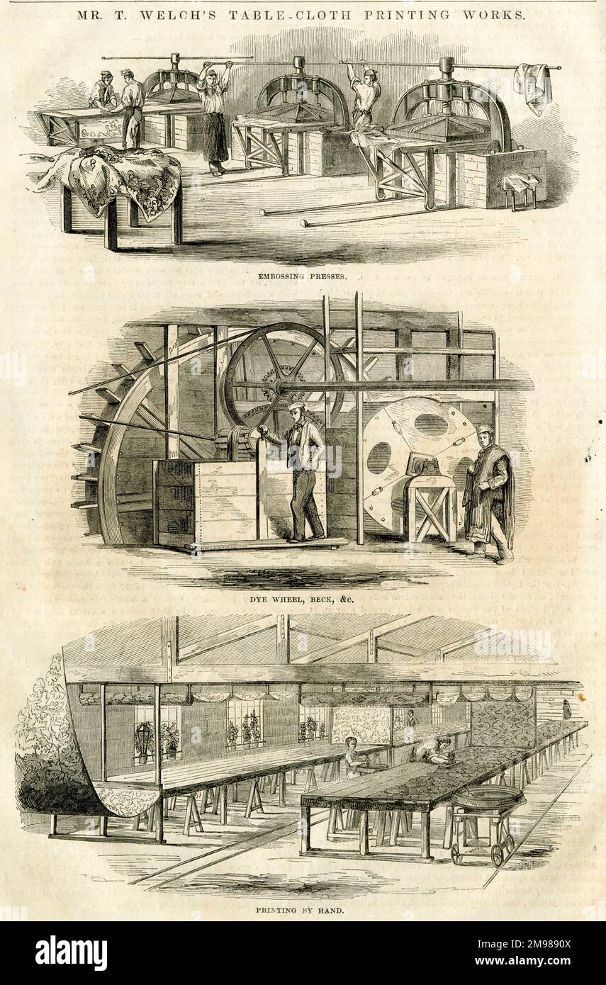 Welch's Table-Cloth Printing Works, showing embossing presses, dye ...