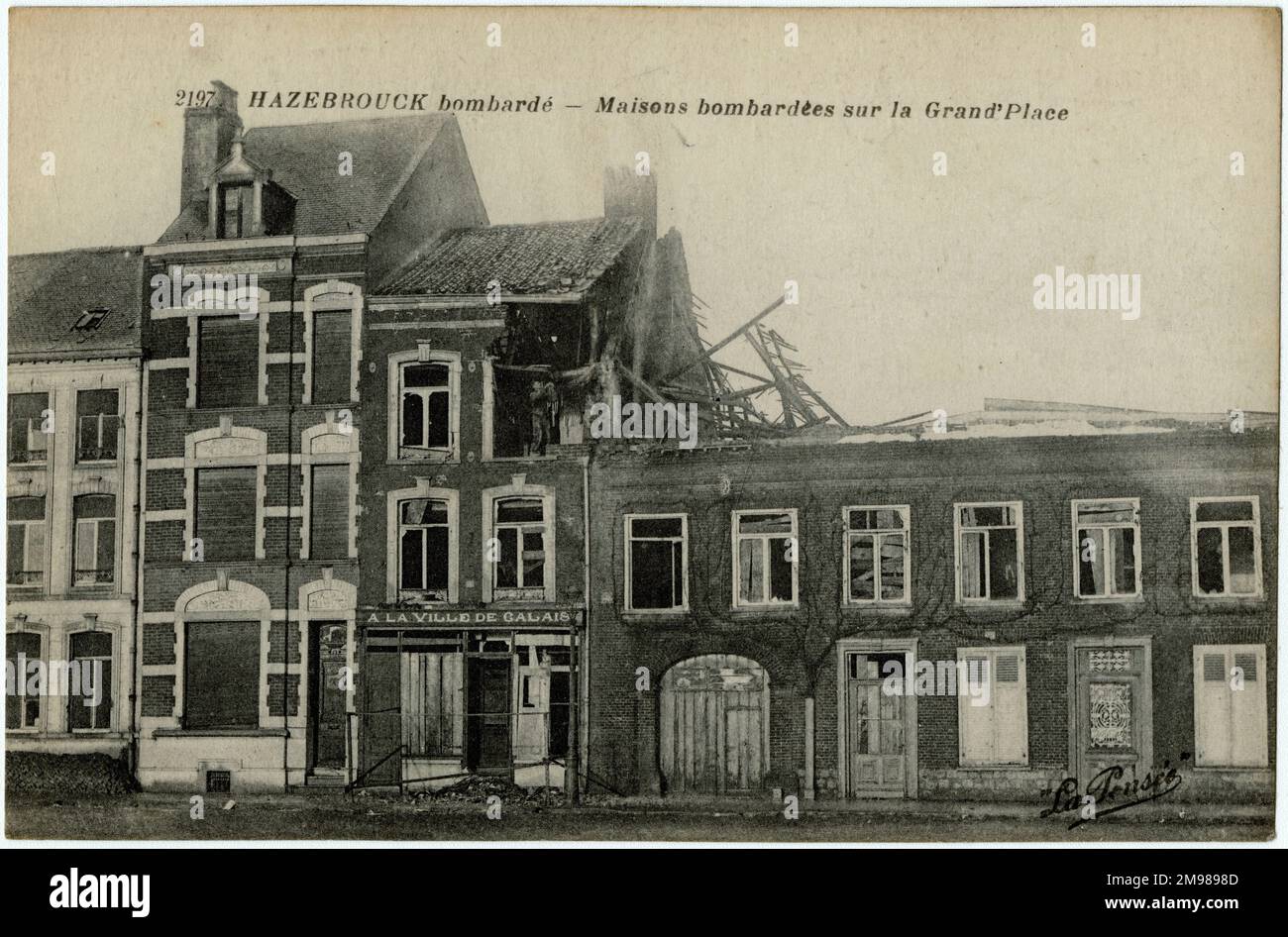 Hazebrouck, France -- Grande Place with houses damaged by bombing ...