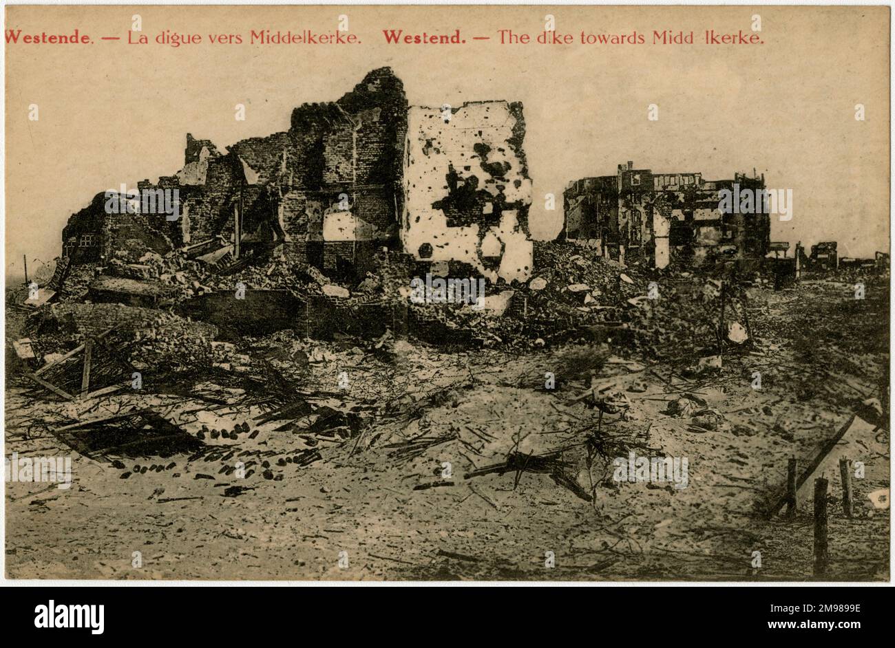 Westende, Belgium -- ruined buildings near Middelkerke during WW1 Stock ...