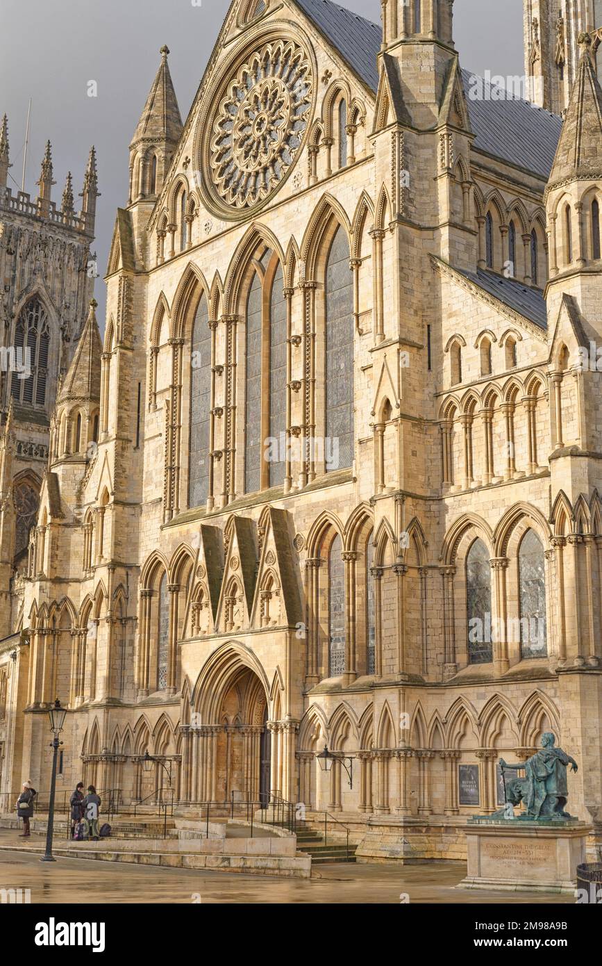 The South entrance to York Minster with a statue of the Roman Emperor ...
