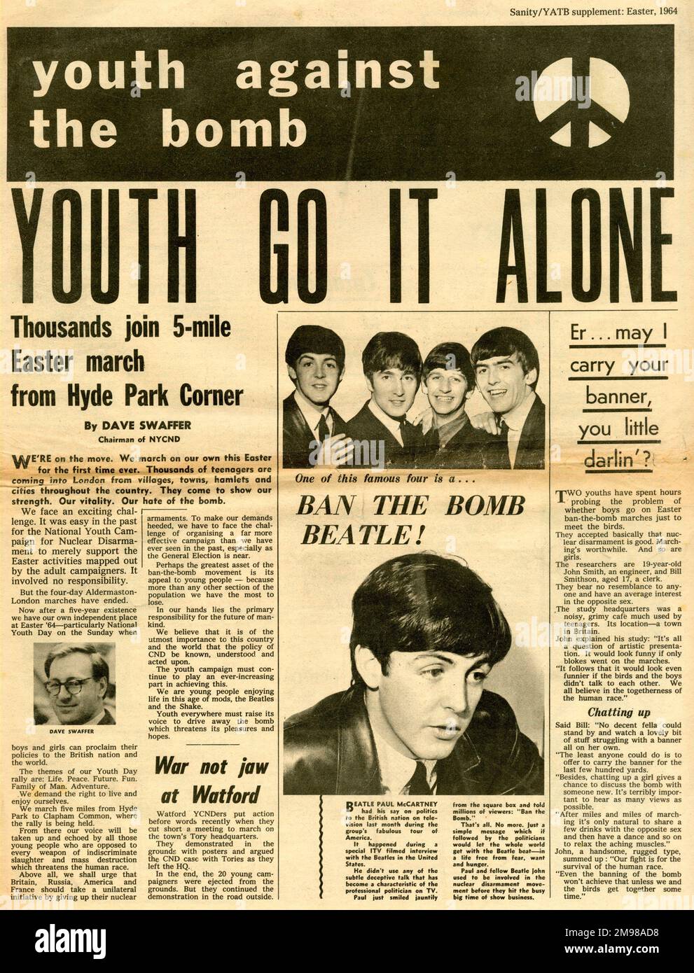 Front page, Youth Against the Bomb, CND newspaper, with an article ...