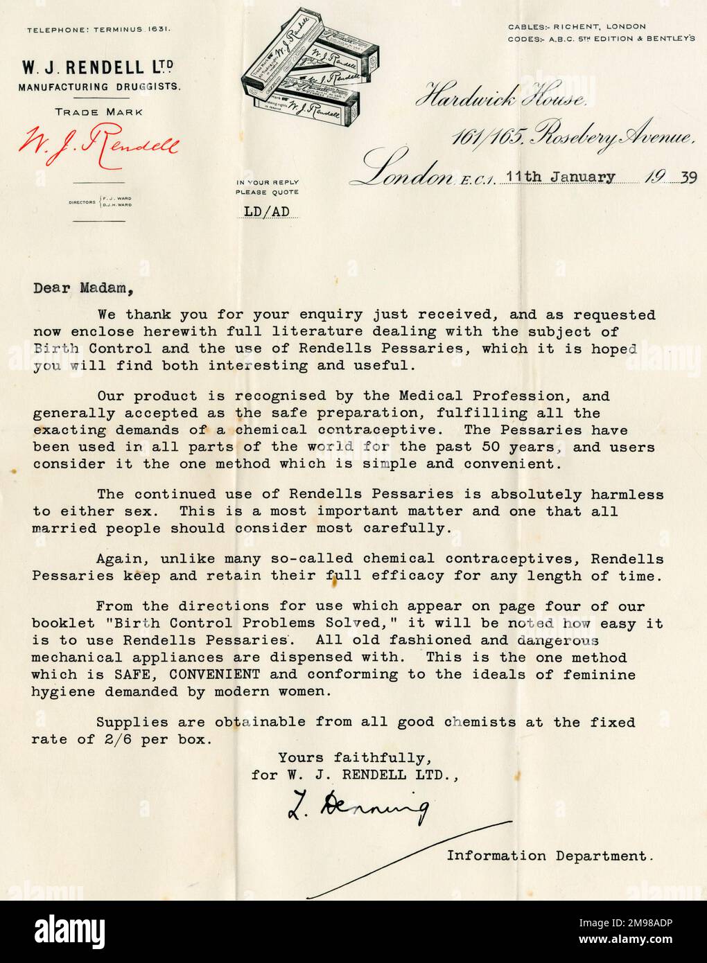 Letter enclosing information promoting Rendell's Pessaries for birth ...