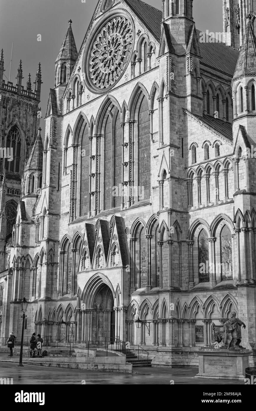 The South entrance to York Minster with a statue of the Roman Emperor ...