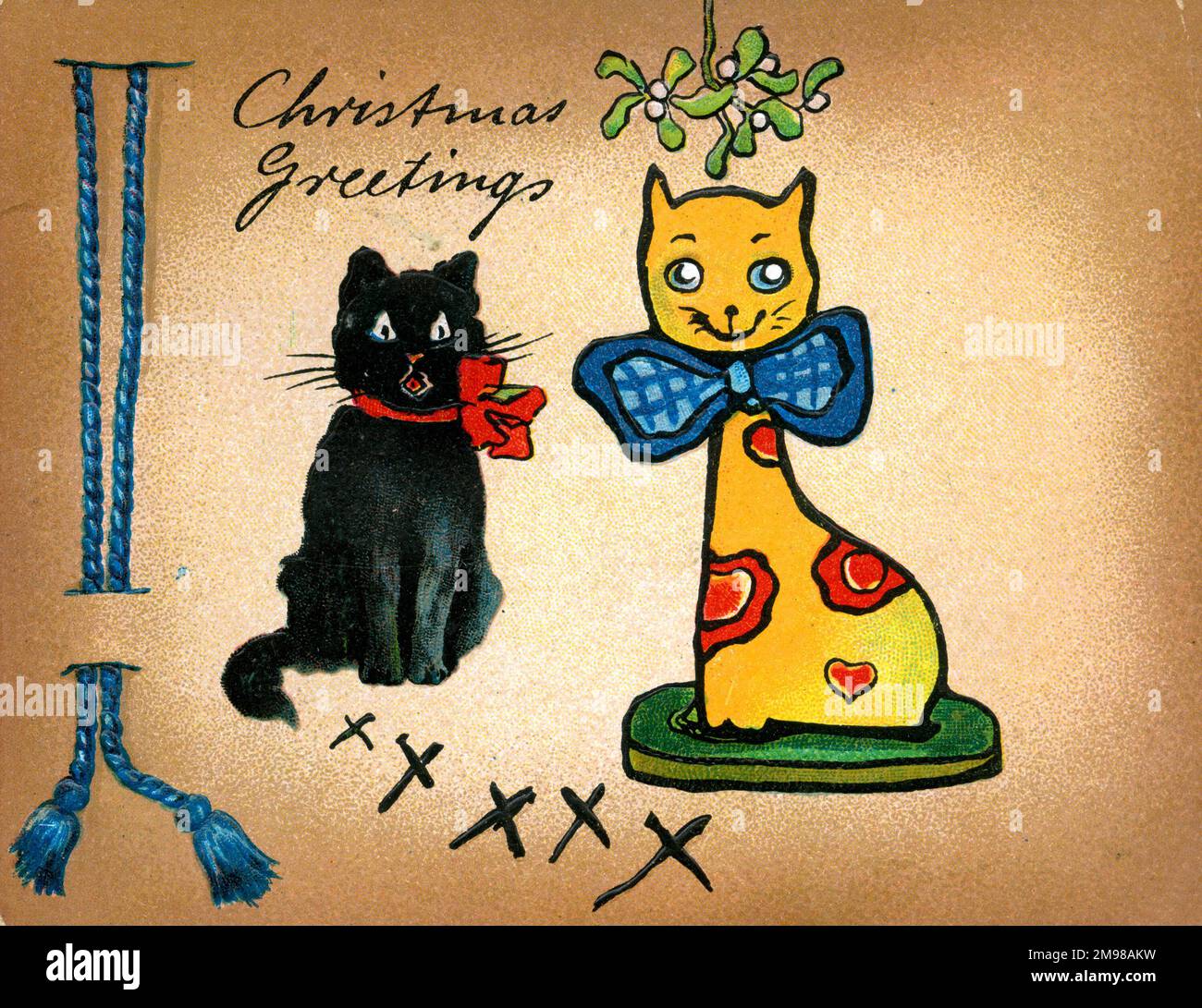 Christmas card, black cat and china cat, with mistletoe Stock Photo - Alamy