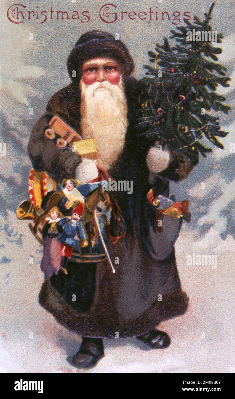 Christmas card, Father Christmas with presents and tree in the snow ...
