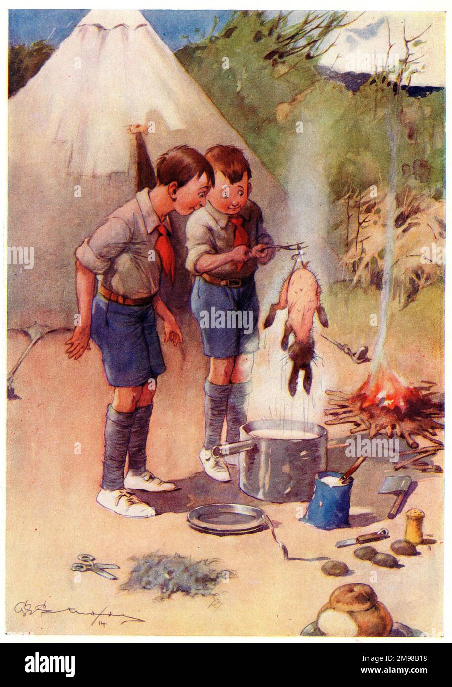 Cartoon, The Officers' Mess - Boy Scouts at camp, trying to cook a ...